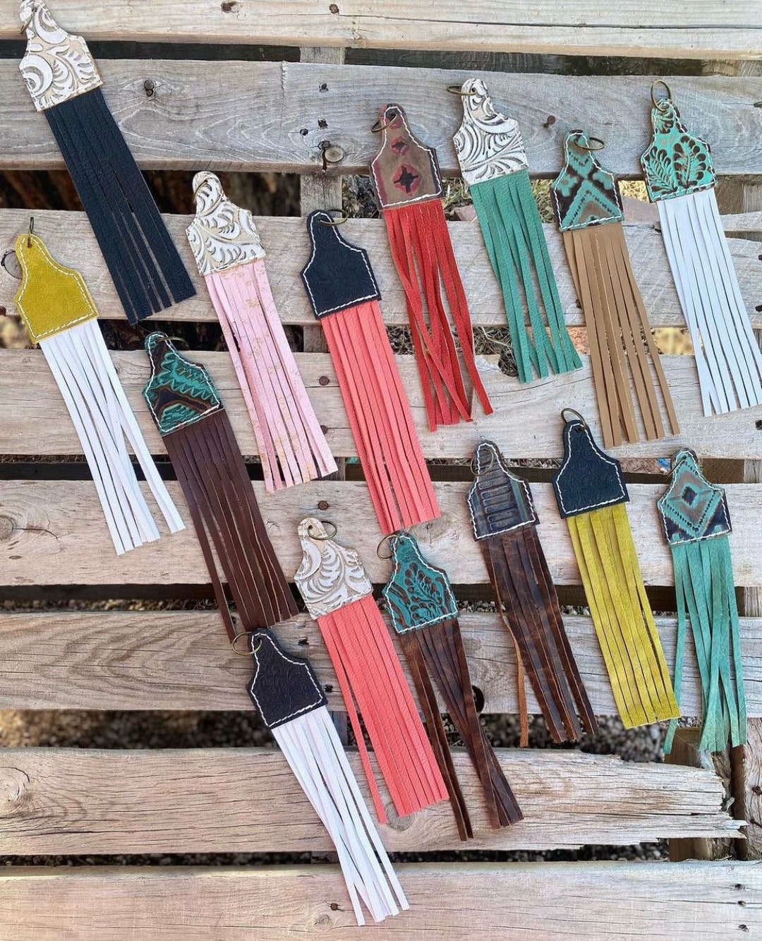 Leather Eartag Keychains With Fringe Wristlet Keychains Western Cowgirl ...