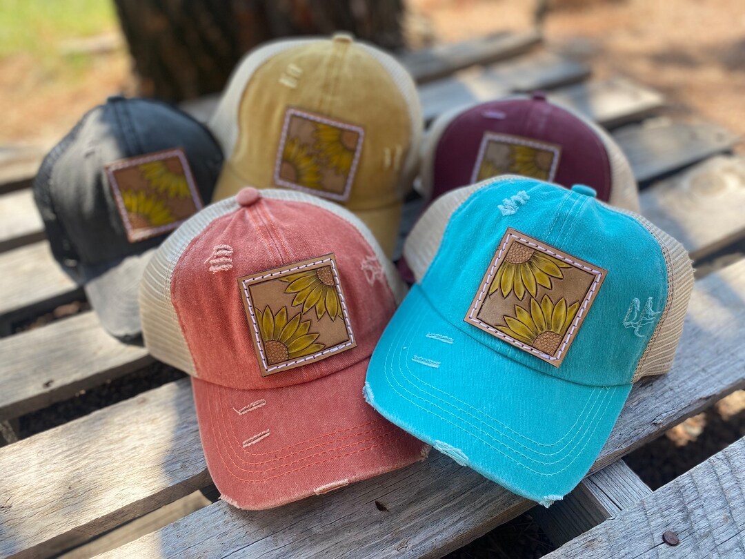 Sunflower Tooled Leather Baseball/ Cross Cross Ponytail Hat - Etsy