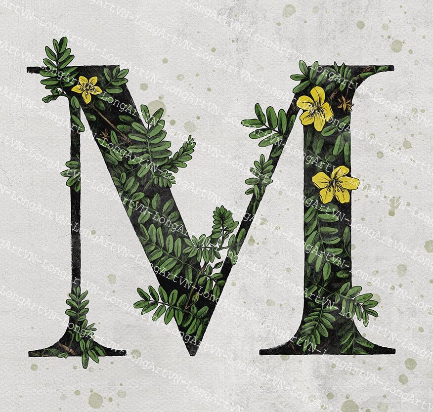 Serif Font Print, Letter M Decorated With Plant and Flowers, Printable ...