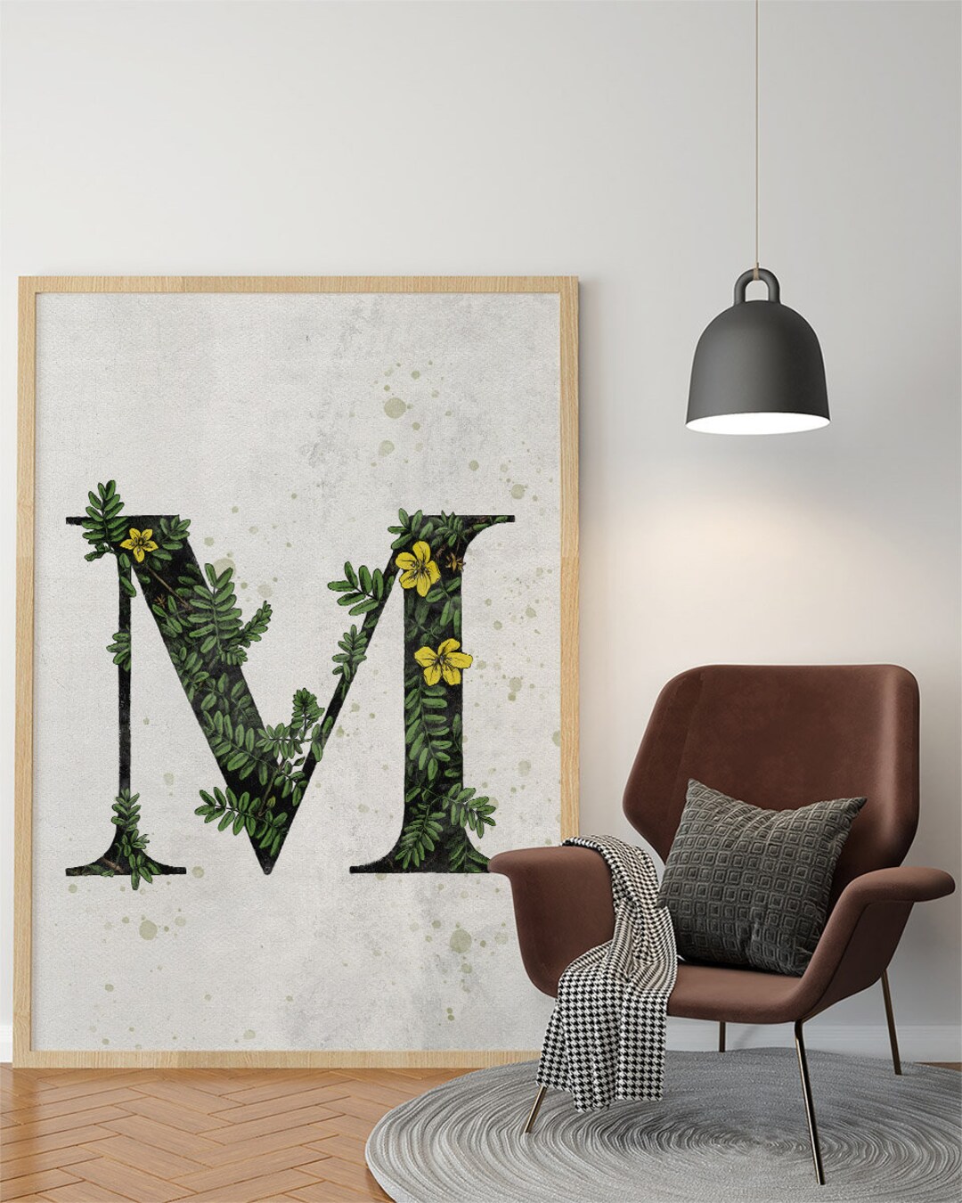 Serif Font Print, Letter M Decorated With Plant and Flowers, Printable ...