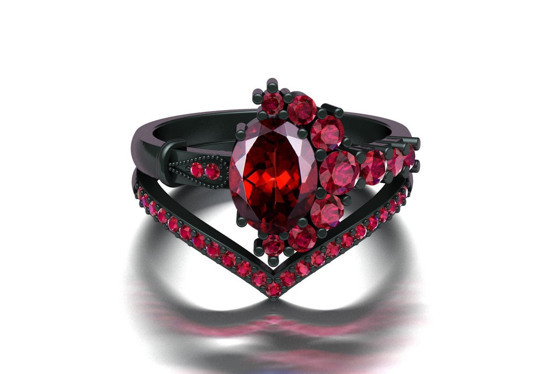 Oval Shaped Red Garnet Engagement Ring Set, Art Deco 2pcs Wedding ...