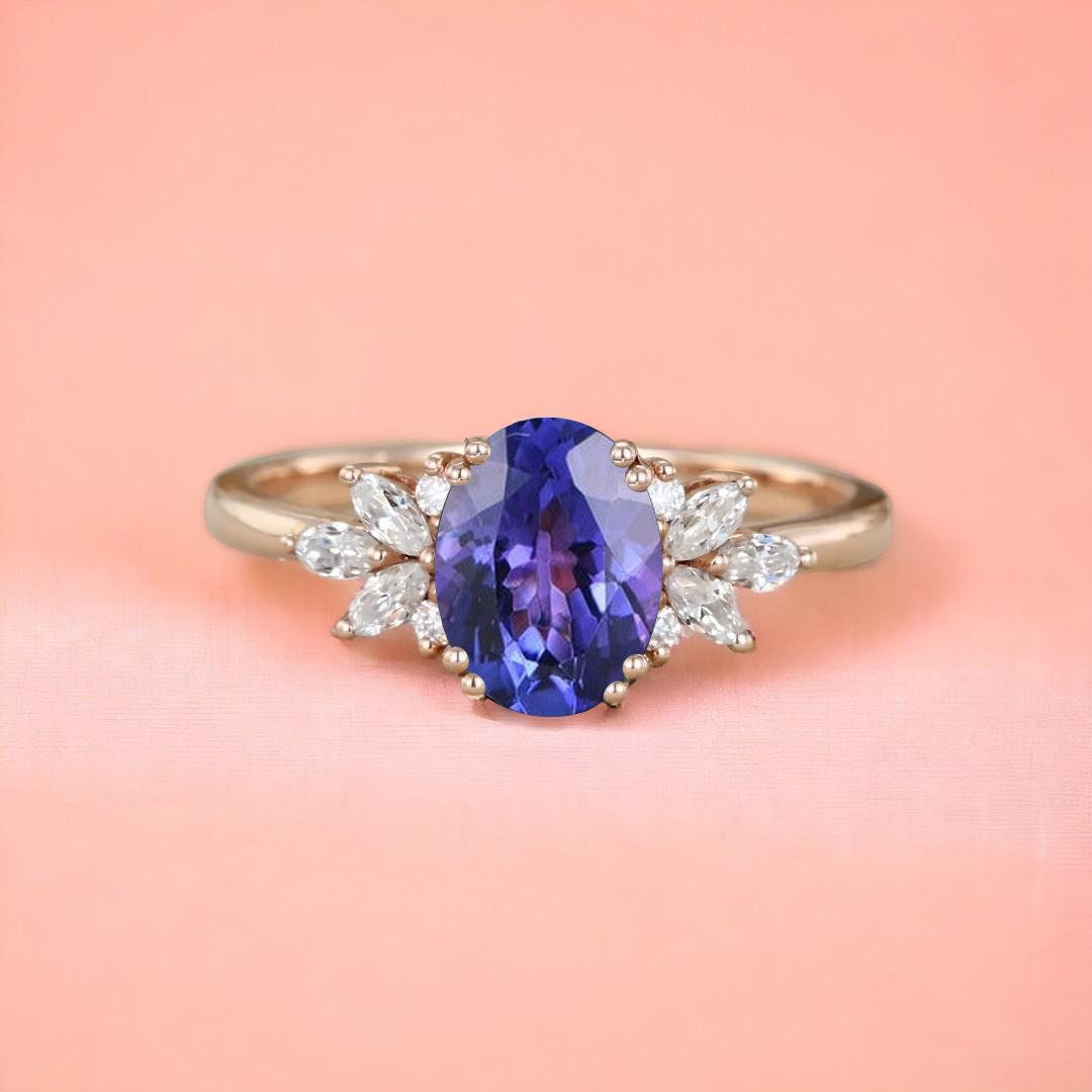Oval Cut Tanzanite Moissanite Marquise Ring in Sterling Silver ...