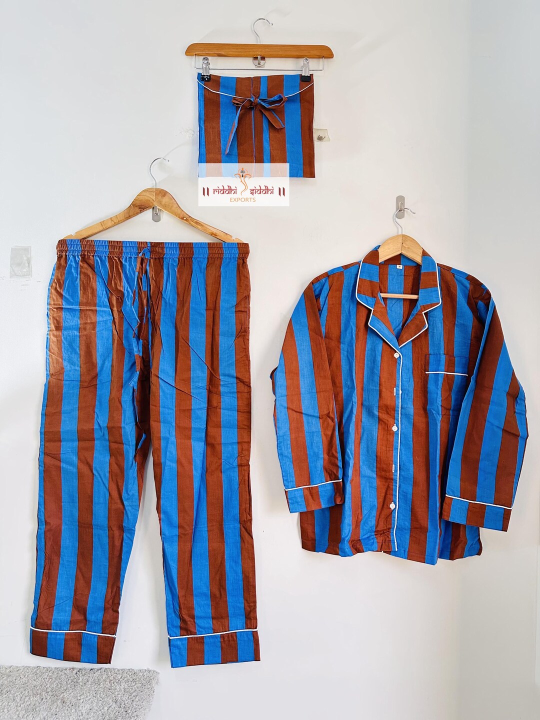 Blue and Brown Color Cotton Pajama Set| Handmade Long Sleeve Pajama ...
