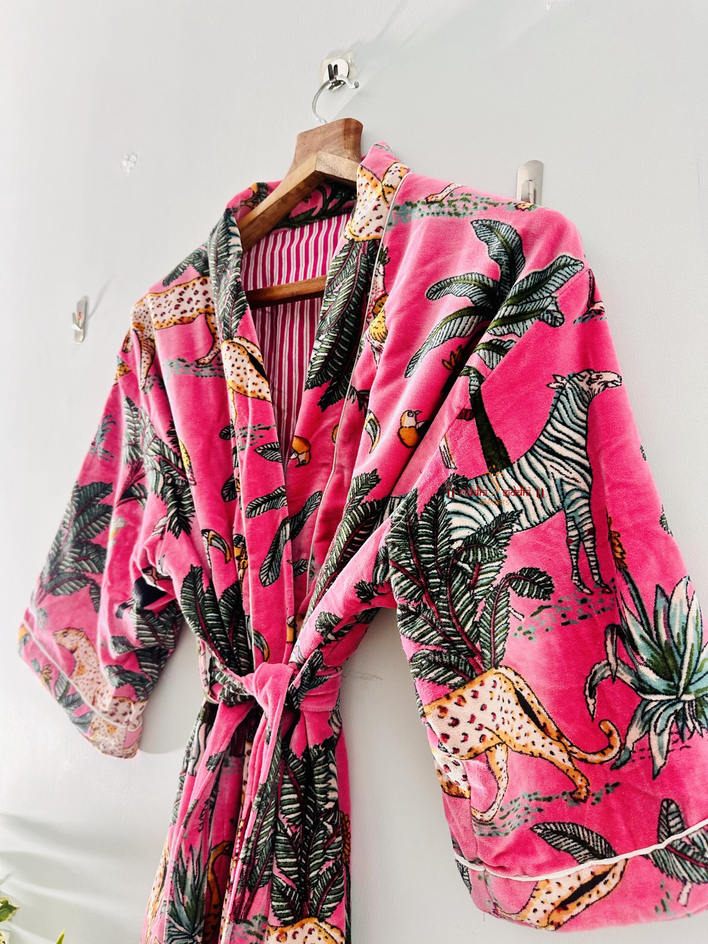 Jungle Print Pink Color Velvet Robe| Women Wear Kimono Robe| Morning ...
