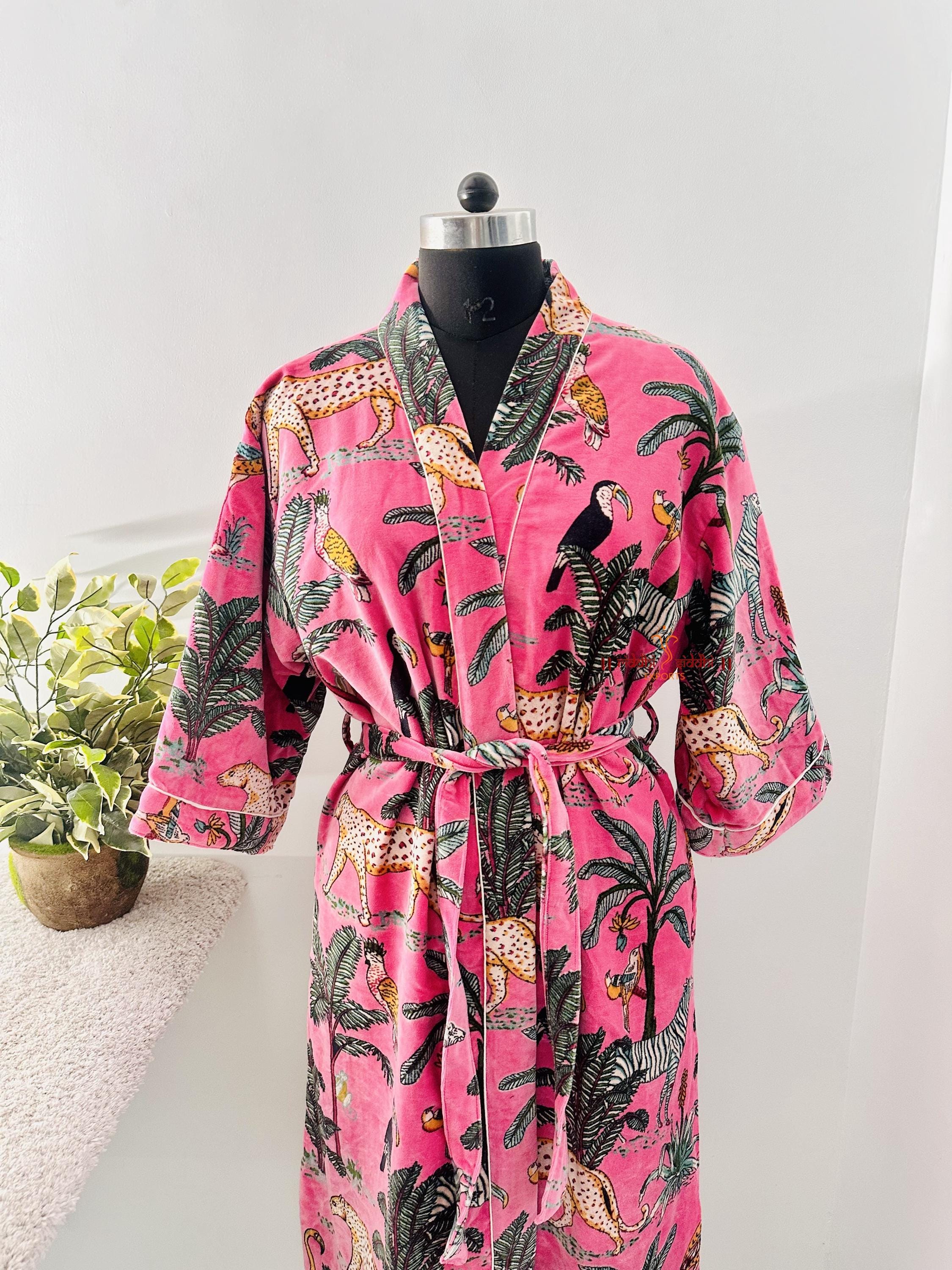 Jungle Print Pink Color Velvet Robe| Women Wear Kimono Robe| Morning ...