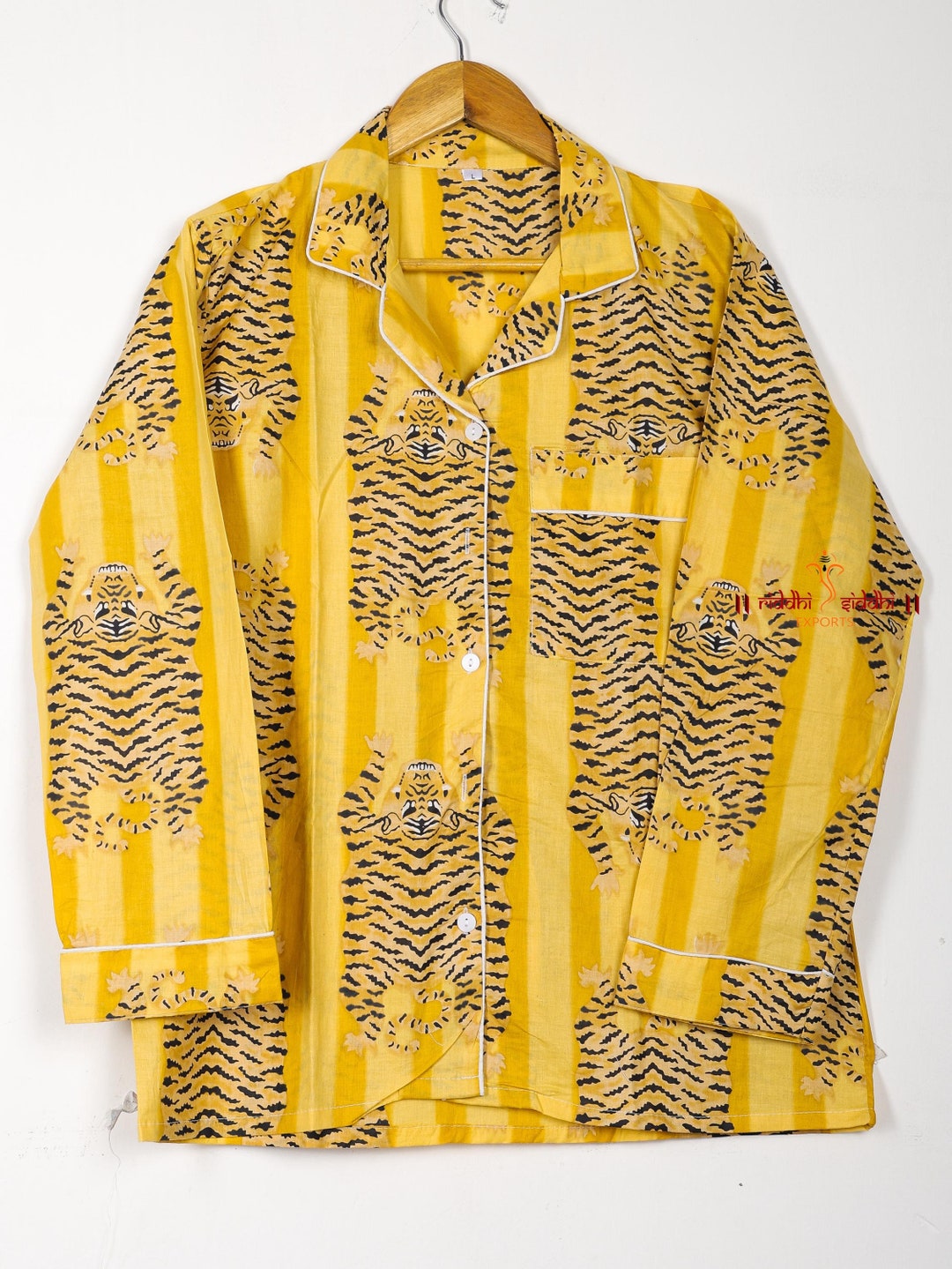 Yellow Color Cotton Pajamas | Tiger Block Print Women Wear PJ Set ...