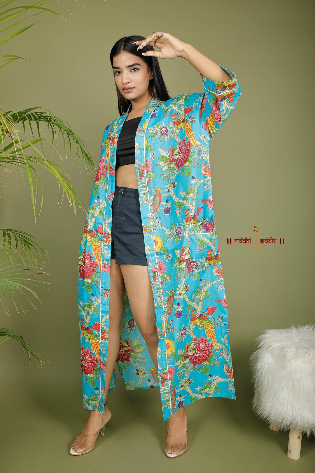 Blue Color Cotton Kimono Robes | Floral Block Print Bath Robes ...