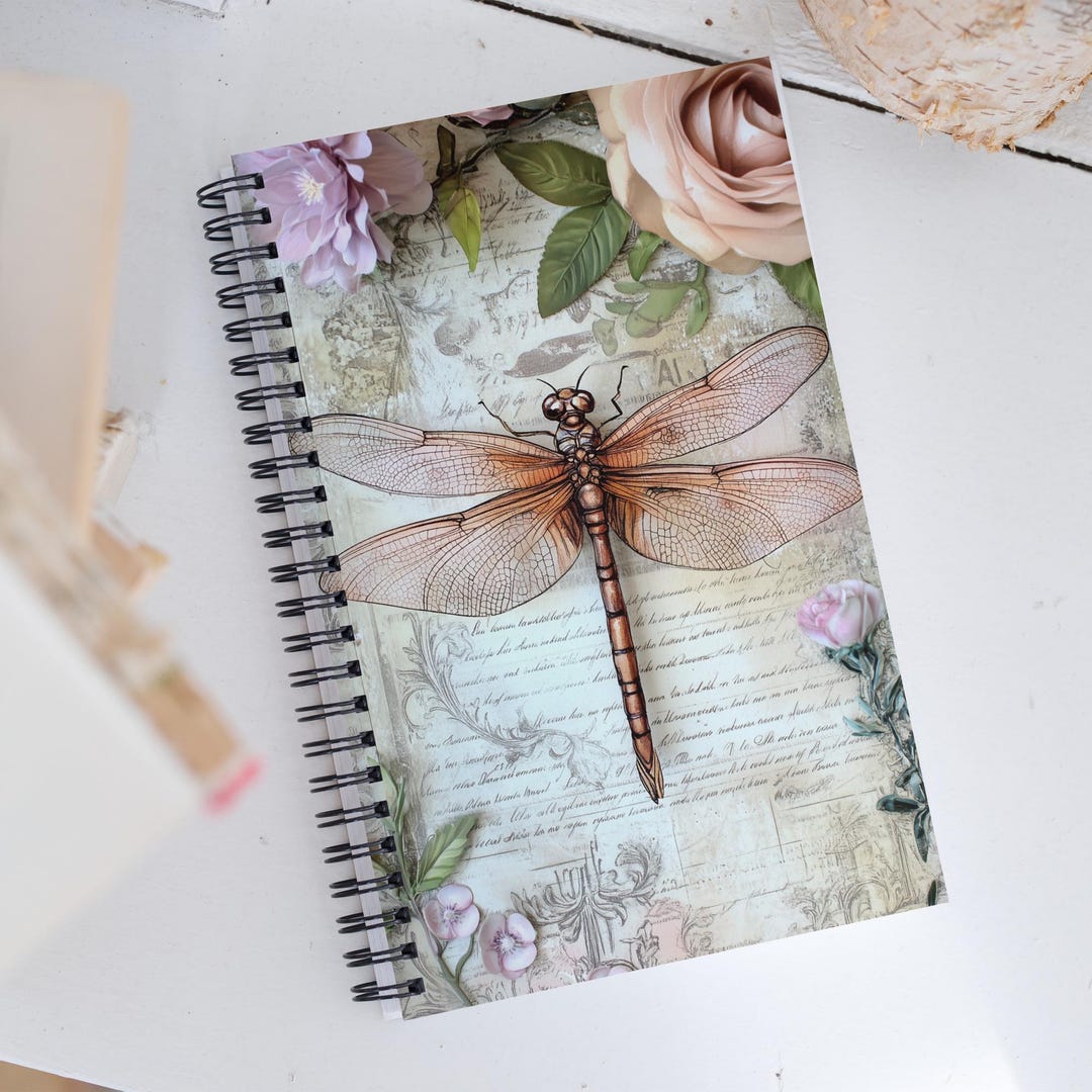 Vintage Dragonfly Spiral Notebook – Pink Floral Journal With Roses ...