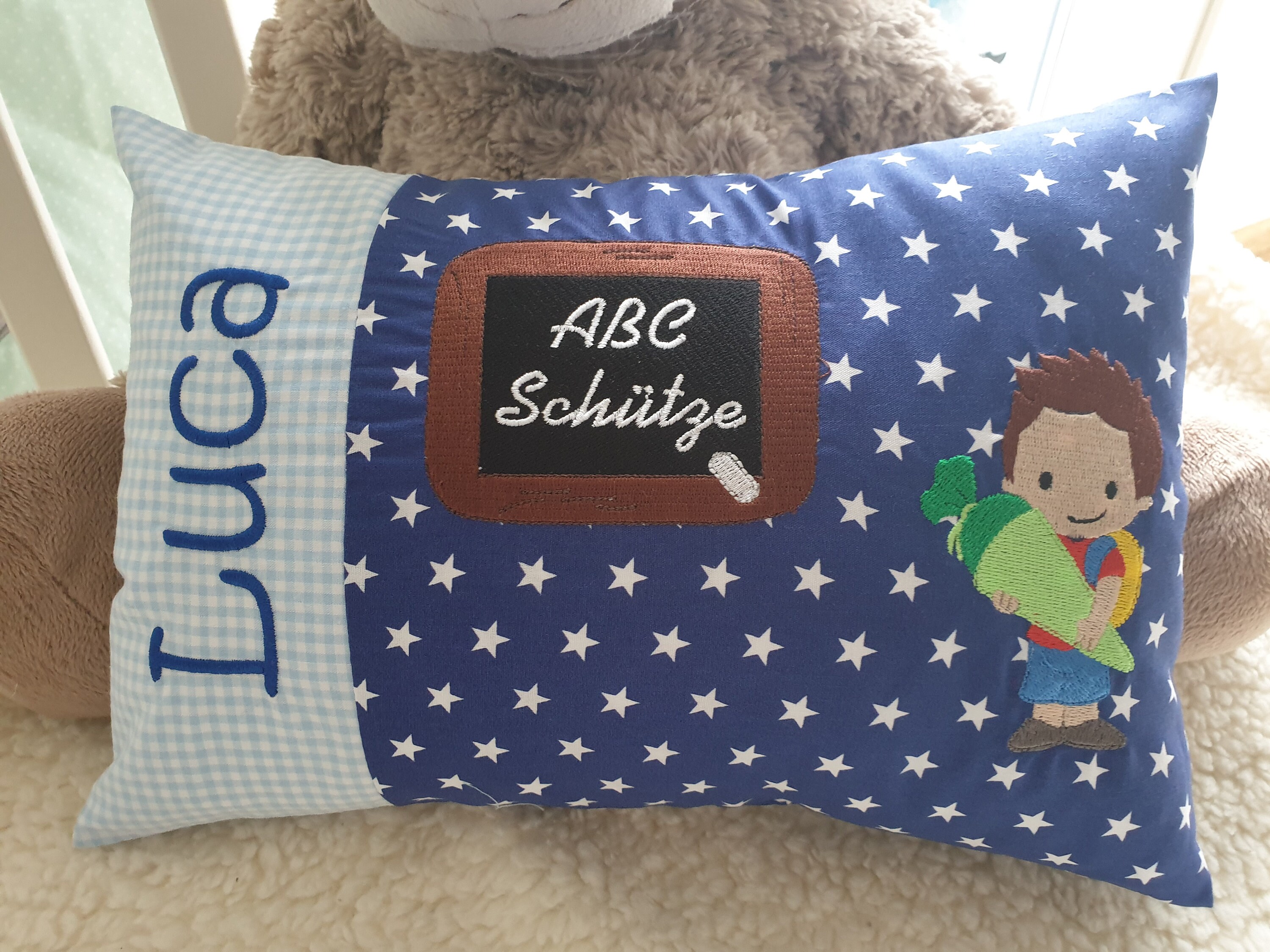 Kissen Einschulung Schule Junge Karo blau Sterne royal & Wunschnamen W1042 - Etsy.de