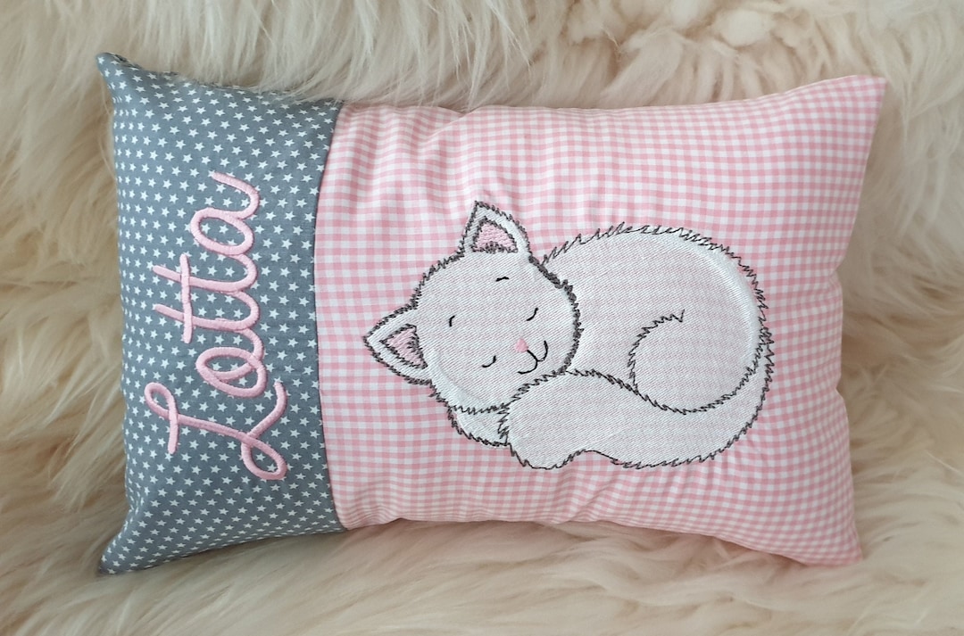 Kissen Katze kleine graue Sterne rosa Karo & Wunschnamen W1449 - Etsy.de