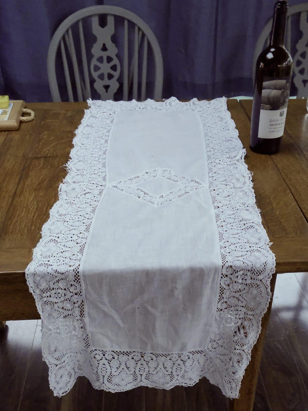 Antique Irish Linen Table Runner With Filet Crochet Lace Edging and ...
