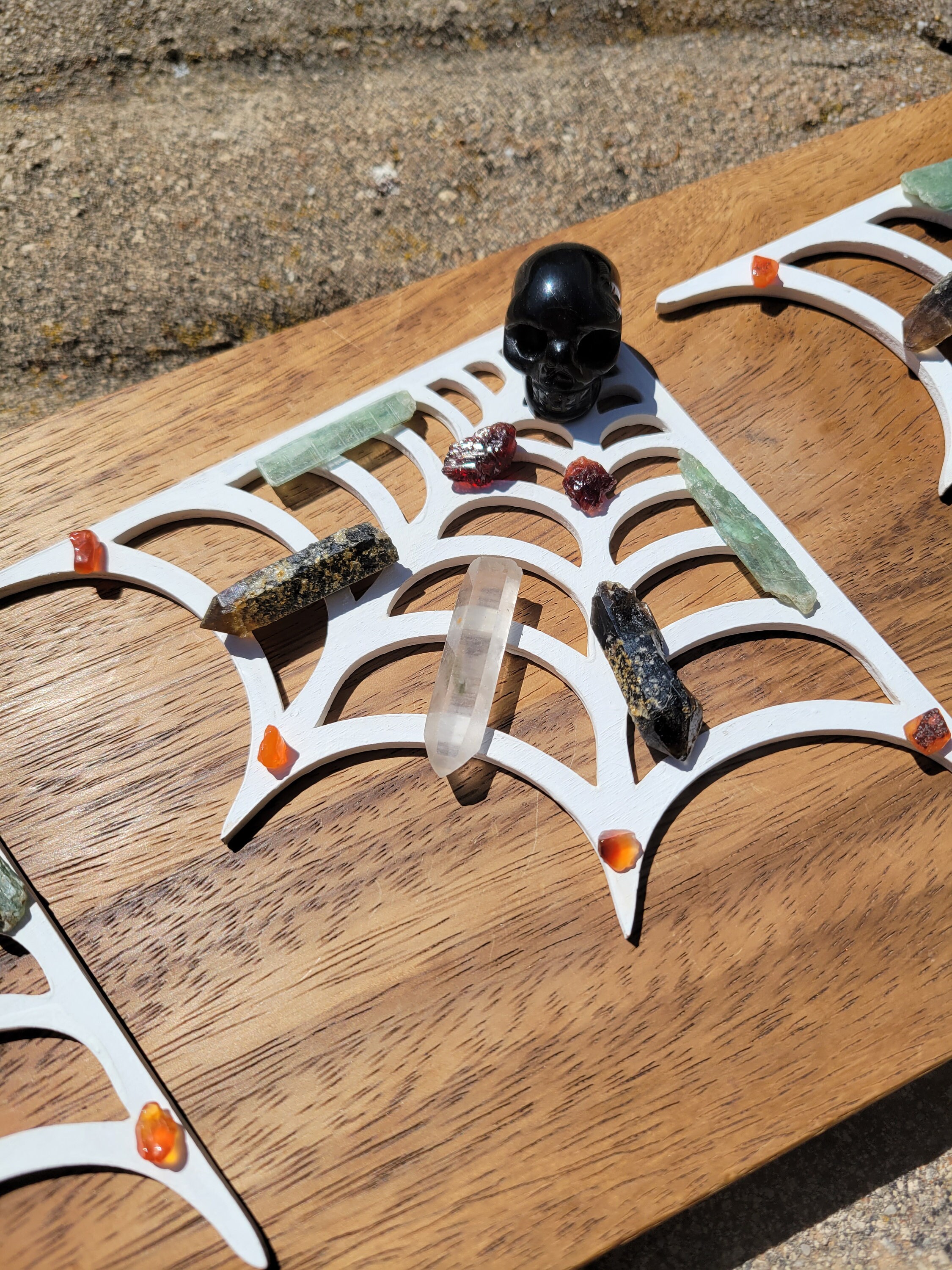 Spider Web Grid Black Obsidian Skull, Spessartite Garnet, Green Kyanite ...