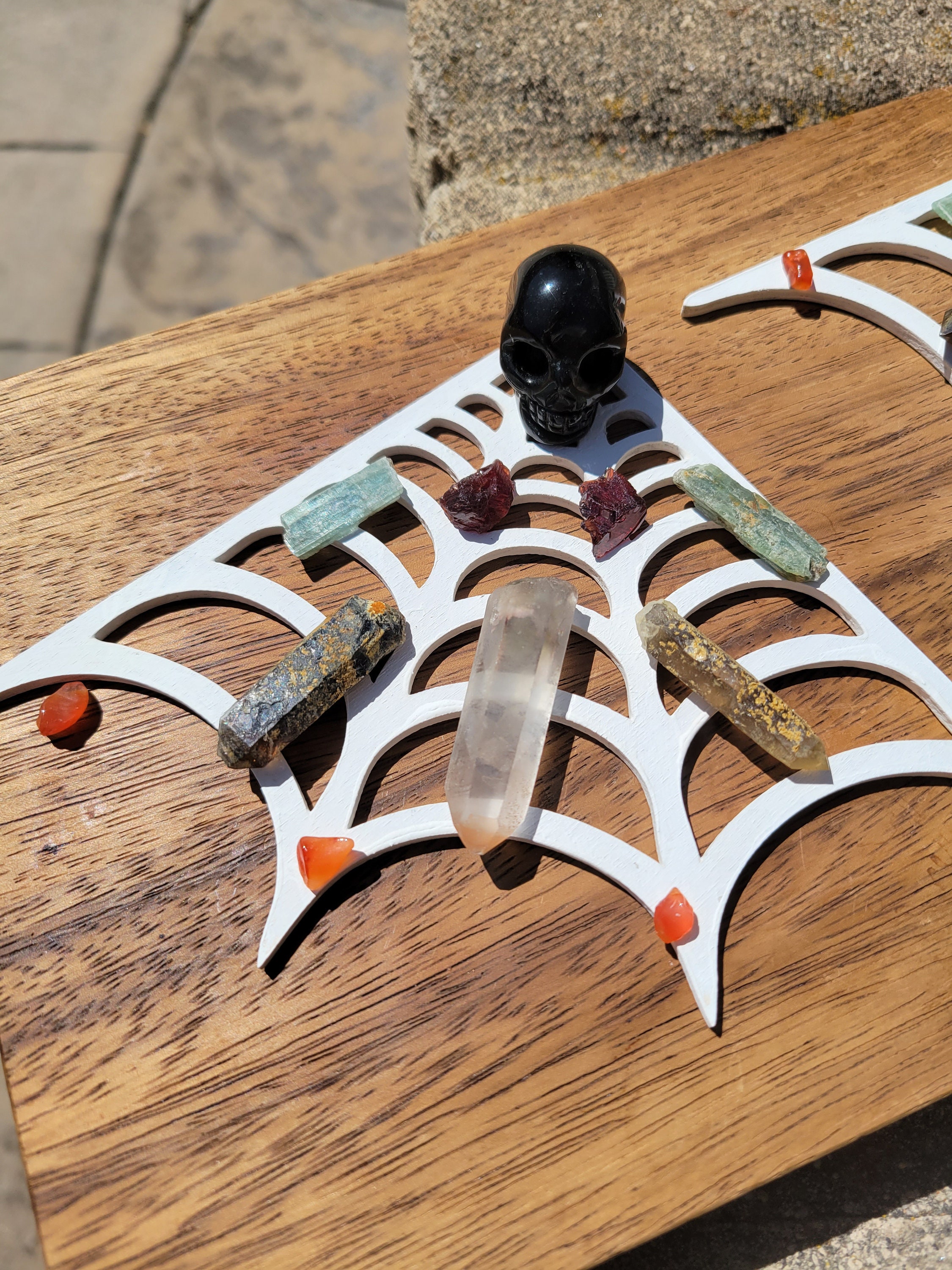 Spider Web Grid Black Obsidian Skull, Spessartite Garnet, Green Kyanite ...