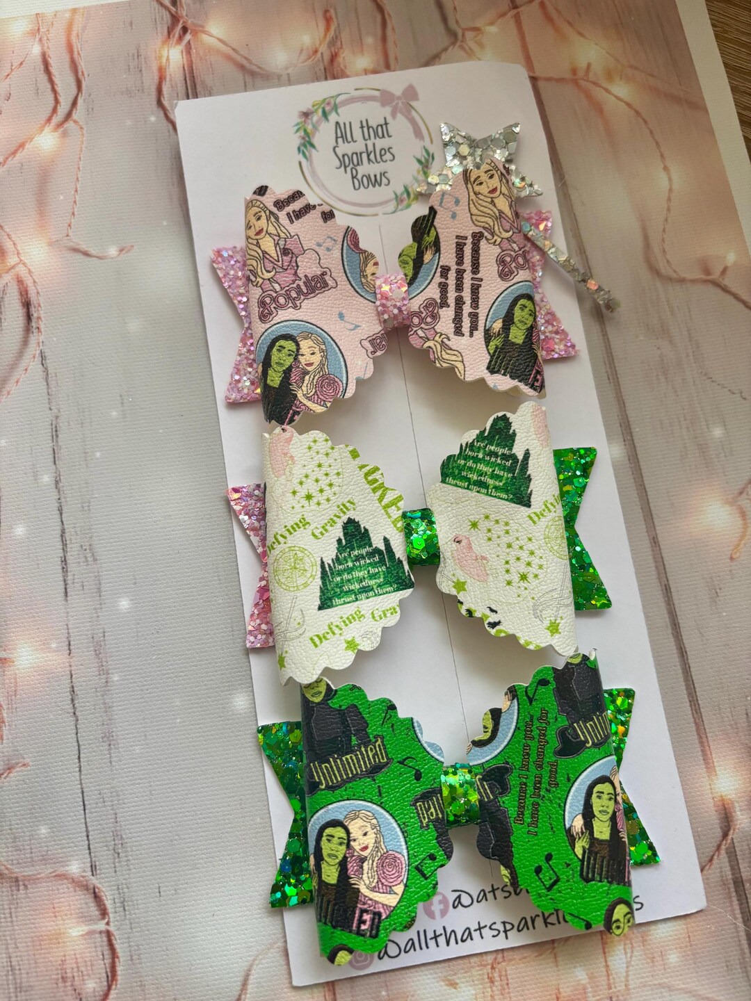 Wicked Glinda Elphaba Hair Bow Emotions Defying Gravity Pink Green ...