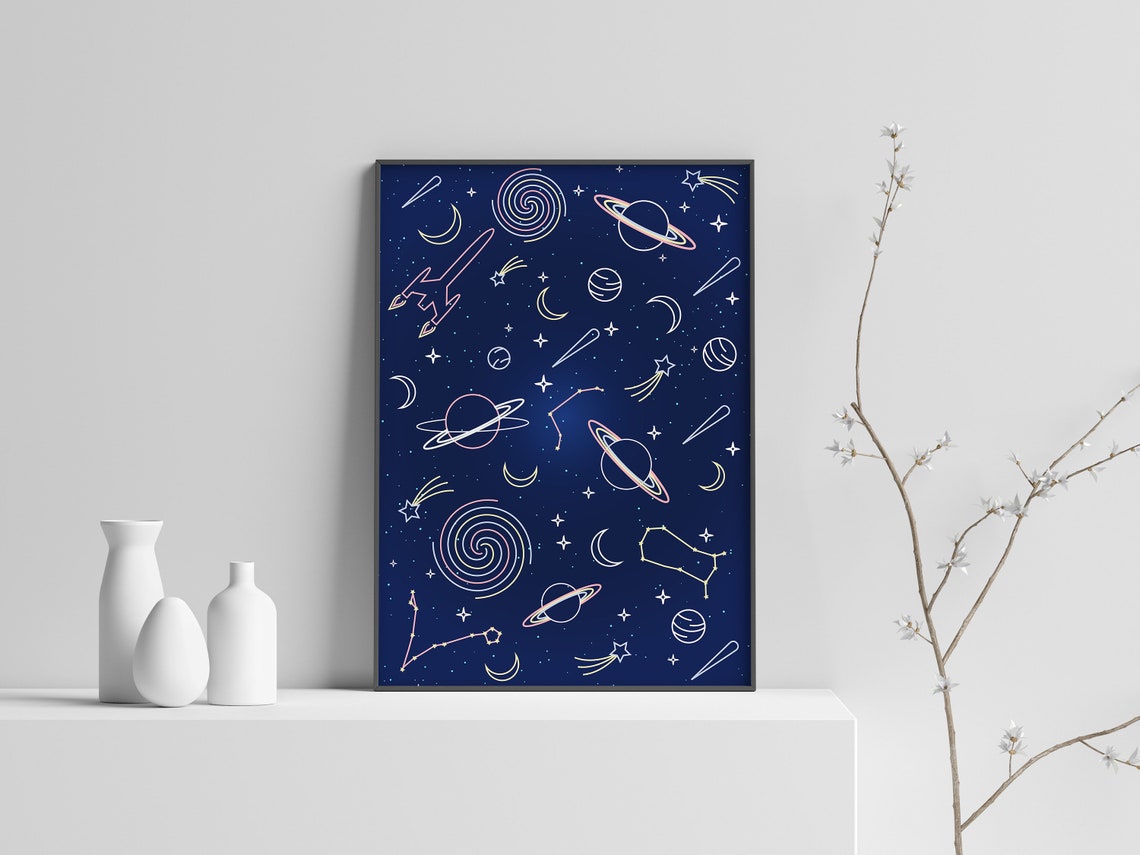 Galaxy Art Illustration Cosmic Line Art Planets and - Etsy