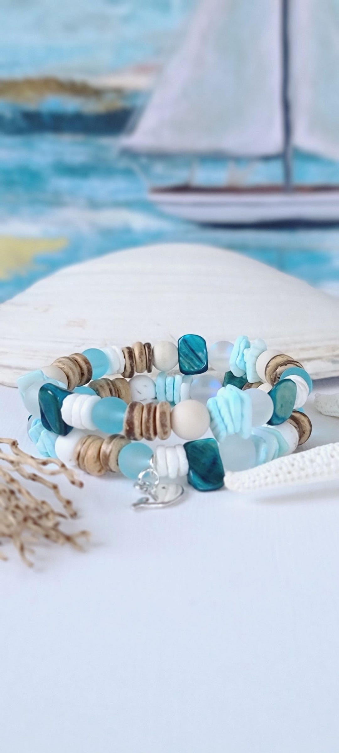 2pc Beach Bracelets, Ocean Lover Gifts, Sea Glass Bracelets, Beachy ...