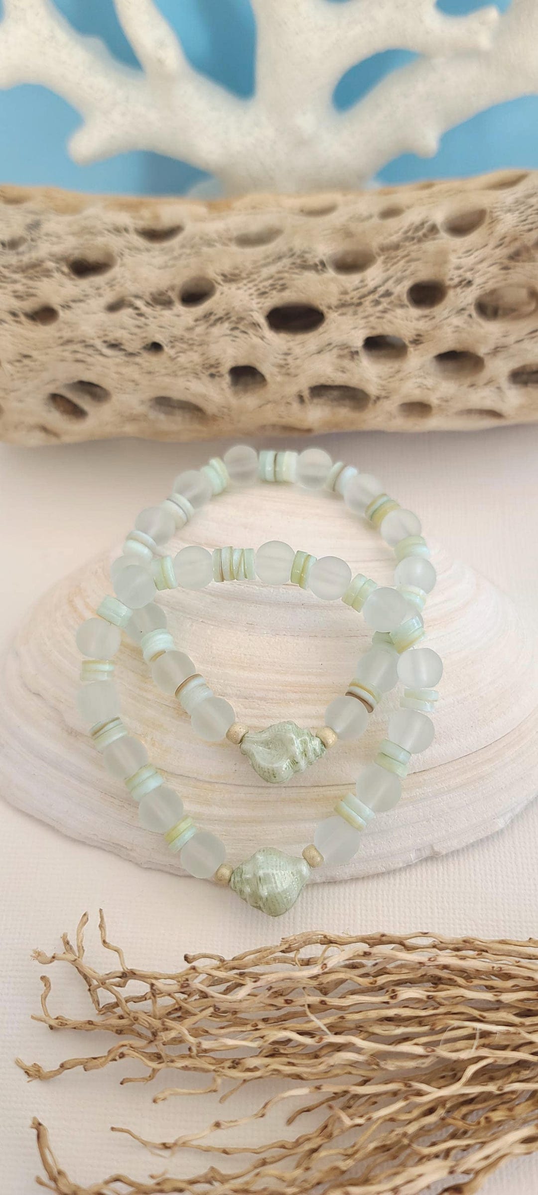 2pc Beach Bracelets, Seafoam Color Sea Glass Bracelets, Beach Lover ...
