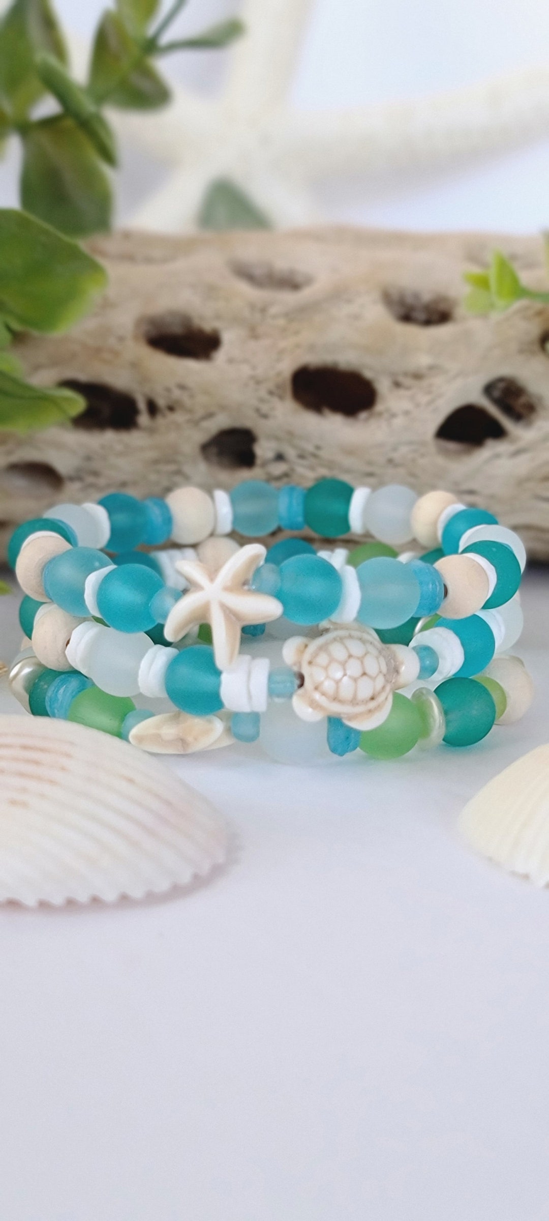 3pcs Coastal Boho Beachy Bracelets, Beach Sea Glass Bracelets, Coastal ...