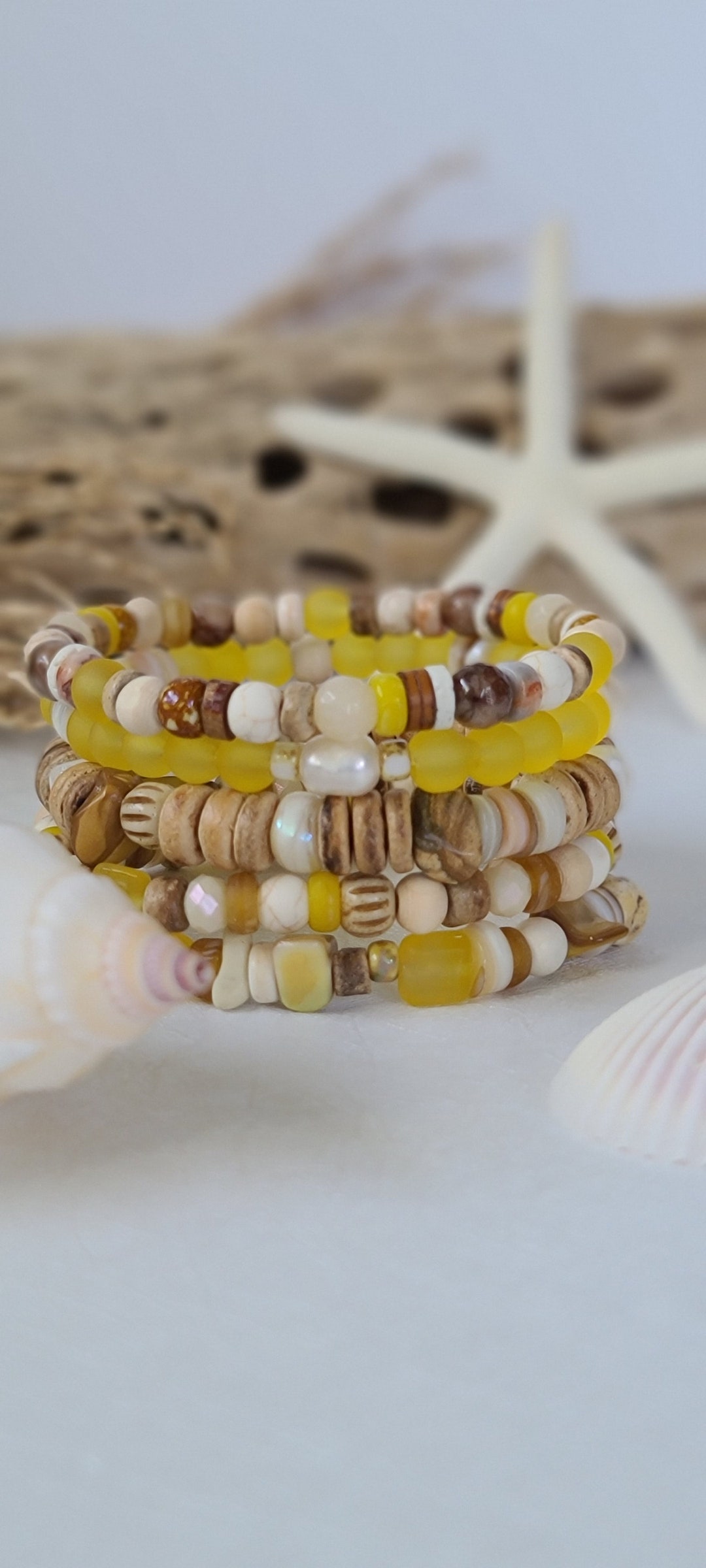 5 Beachy Fall Bracelets Stack, Bohemian Style Coastal Jewelry, Seashell ...