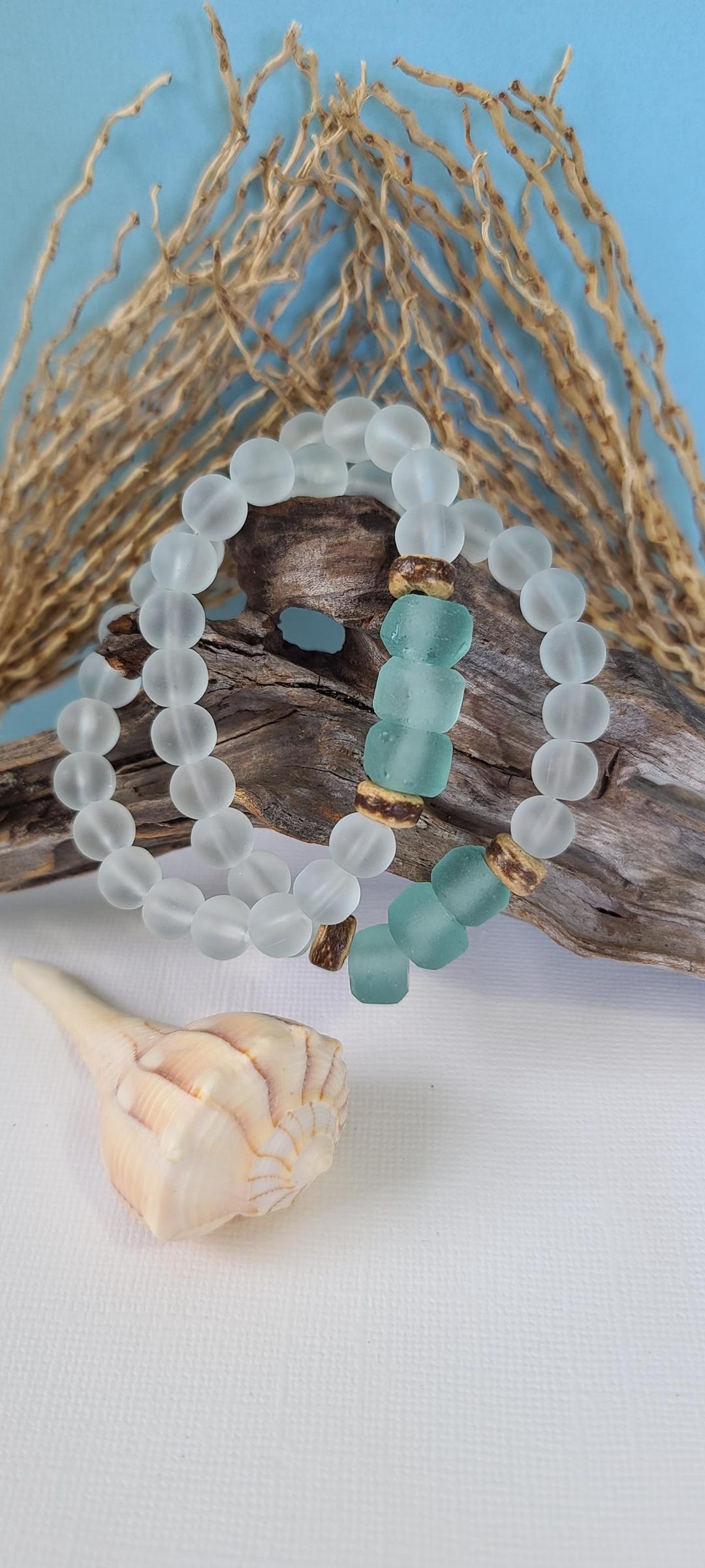 2pcs Beach Style Sea Glass Bracelets, Coastal Bracelets, Coconut Wood ...