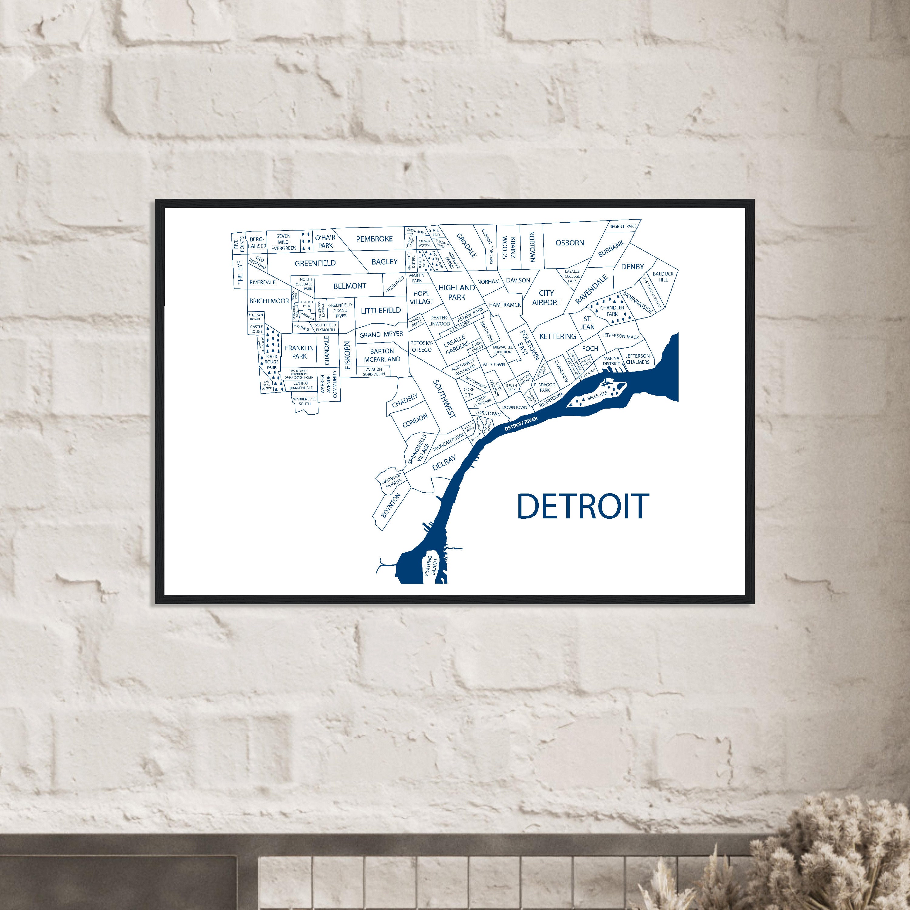 Detroit Map Print Wall Art, Detroit Neighborhood Map, Detroit Lions ...