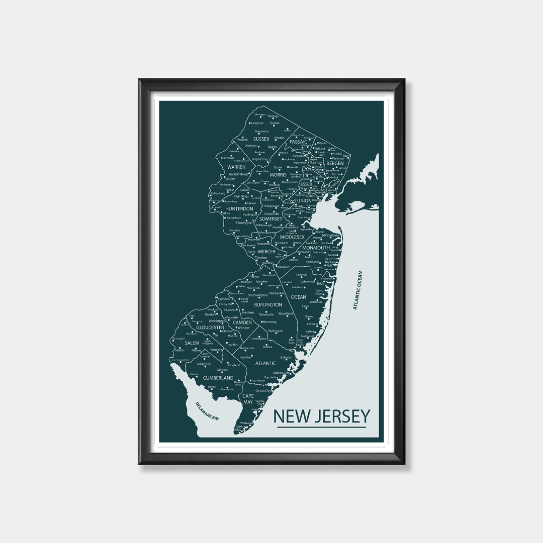 New Jersey Map Print NJ State Map Poster New Jersey Towns - Etsy