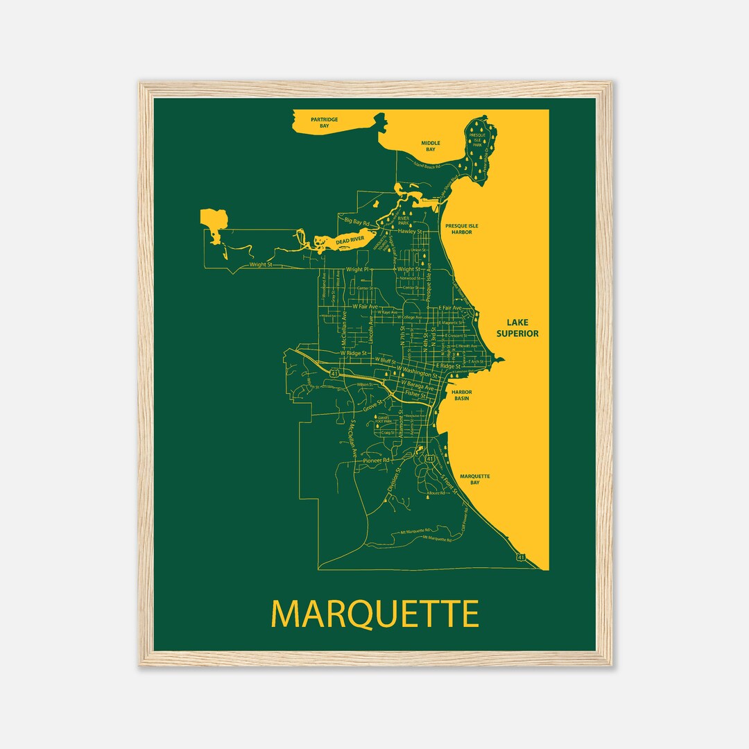 Marquette Michigan Map Print, Framed Poster of Marquette MI, Northern ...