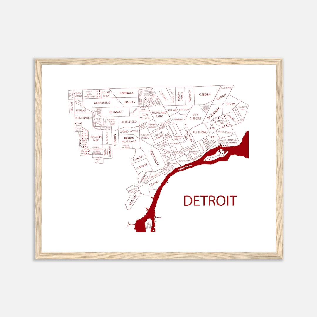 Detroit Map Print Wall Art, Detroit Neighborhood Map, Detroit Lions ...