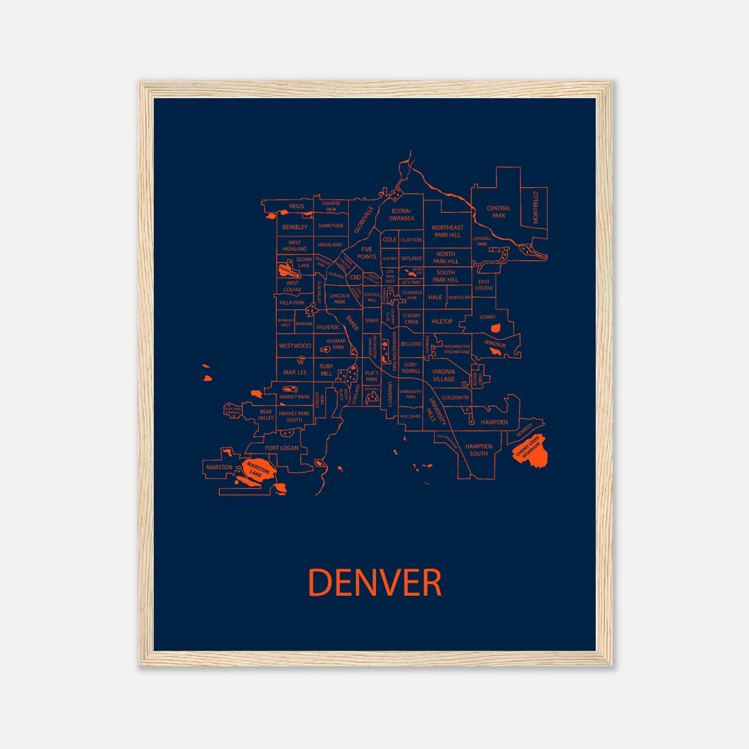 Denver Map Print, Neighborhood Map Poster, Denver Broncos Decor ...