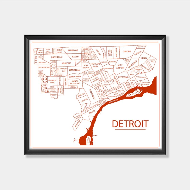 Detroit Map Print Wall Art Detroit Neighborhood Map Detroit - Etsy