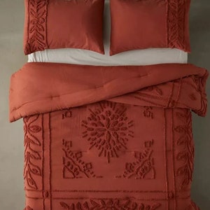 Rust Tufted Duvet Cover 3 Pieces Set, Green Duvet Cover, Boho Bedding ...