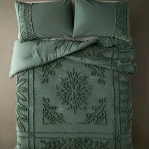 Rust Tufted Duvet Cover 3 Pieces Set, Green Duvet Cover, Boho Bedding ...