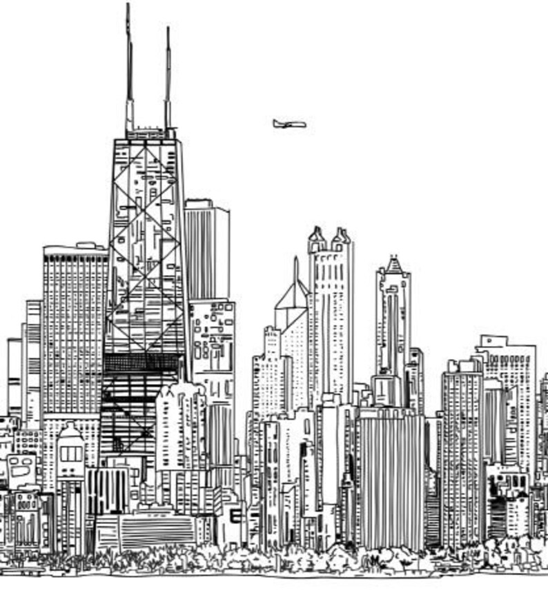 Chicago Skyline Panoramic View. Hand Drawn Illustration. Digital Art ...