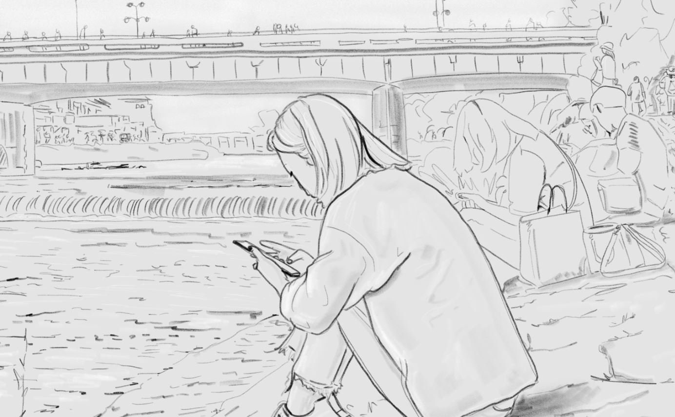 Kyoto, Japan Landscape Drawing. Girl With Phone. People by Kamogawa ...