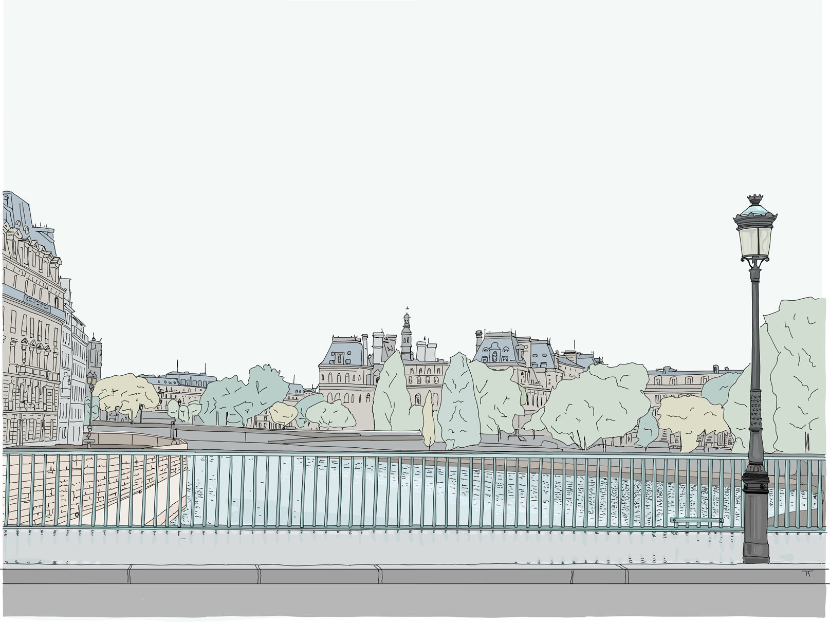 Paris Landscape Cityscape Drawing for a Background. Bridge Over the ...