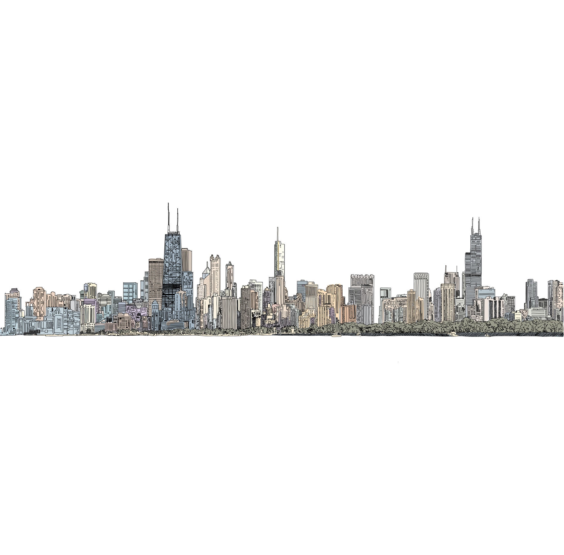 Chicago Skyline Panoramic Skyscraper View Digital Drawing Print ...