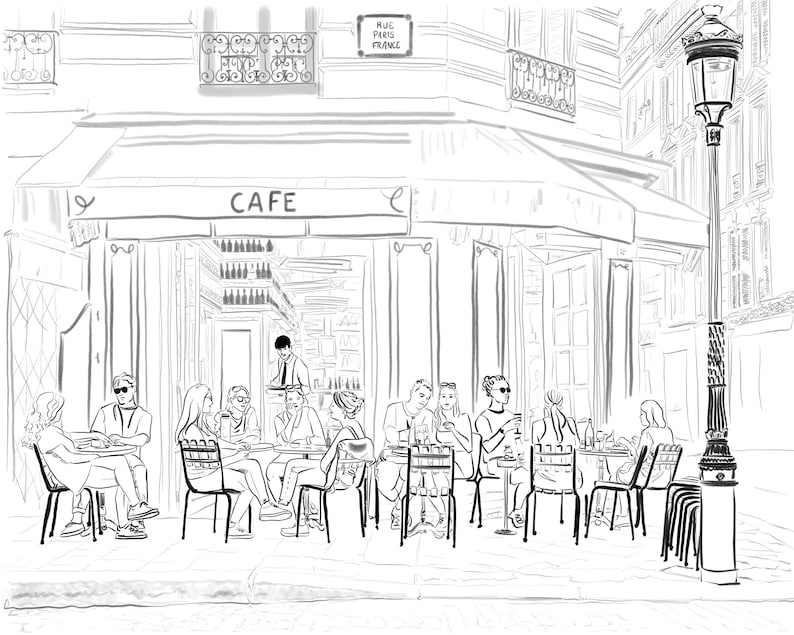 Paris Cafe Drawing. People Eat in Saint Michel at a Cafe. City Street ...