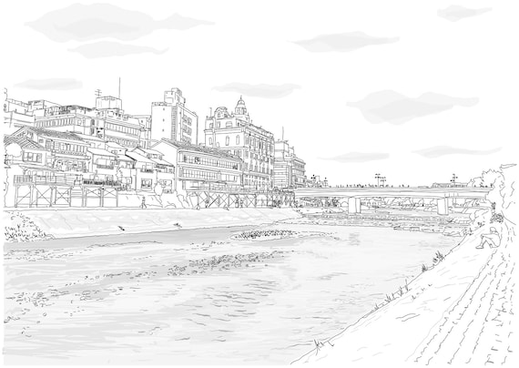 Kyoto Japan Landschaft Zeichnung. Hand gezeichnet | Etsy