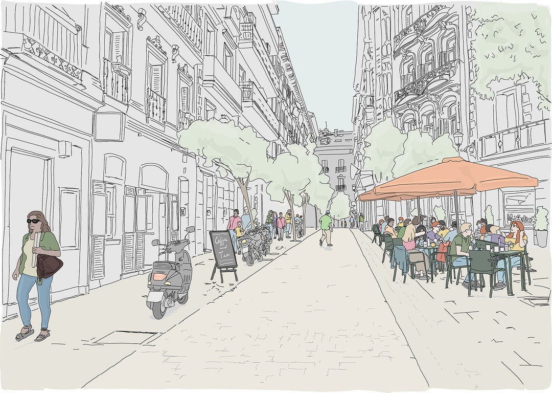 Madrid, Spain City Scene Drawing. Street Scene Outdoors. Digital ...