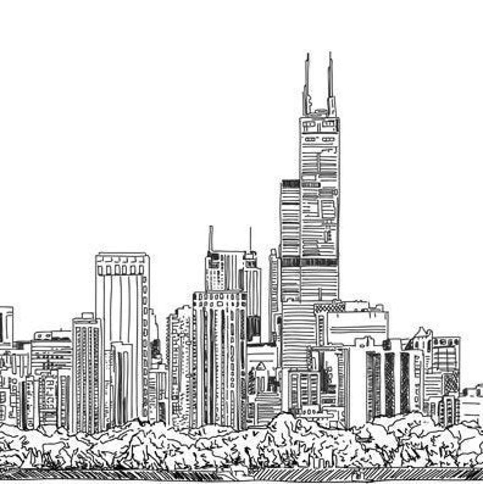 Chicago Skyline Panoramic View. Hand Drawn Illustration. Digital Art ...