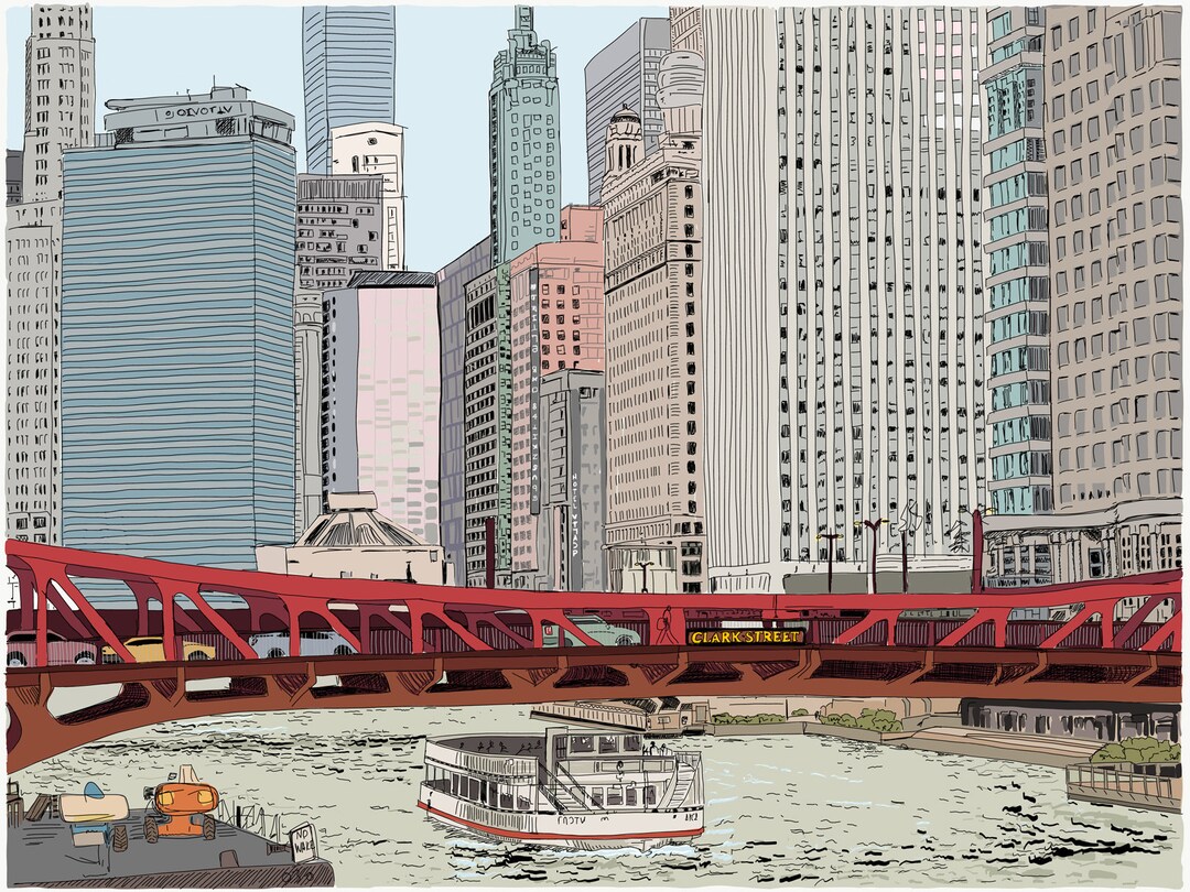 Chicago River Boat City Travel Scene With Skyscrapers and Bridges ...