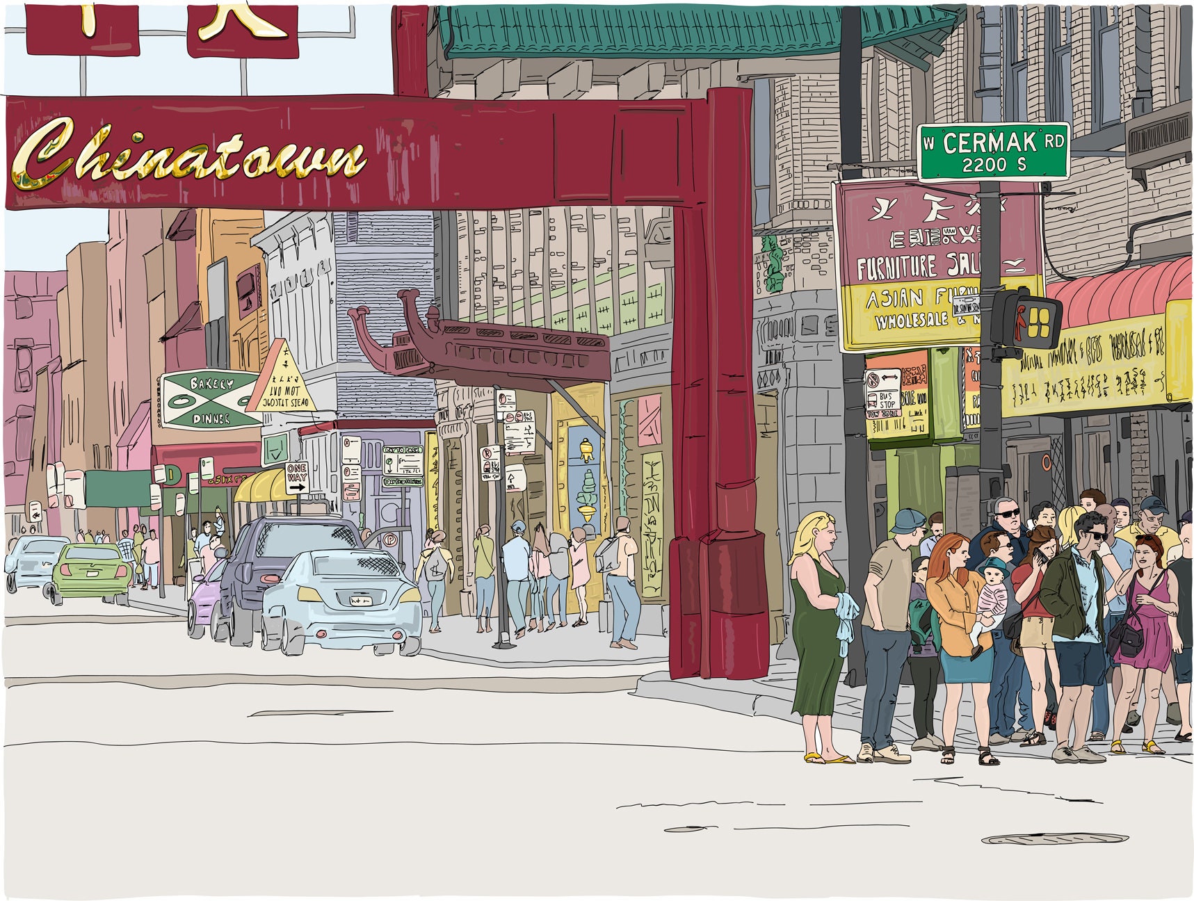 Drawing of Chinatown in Chicago, Lively City Scene With a Crowd of ...