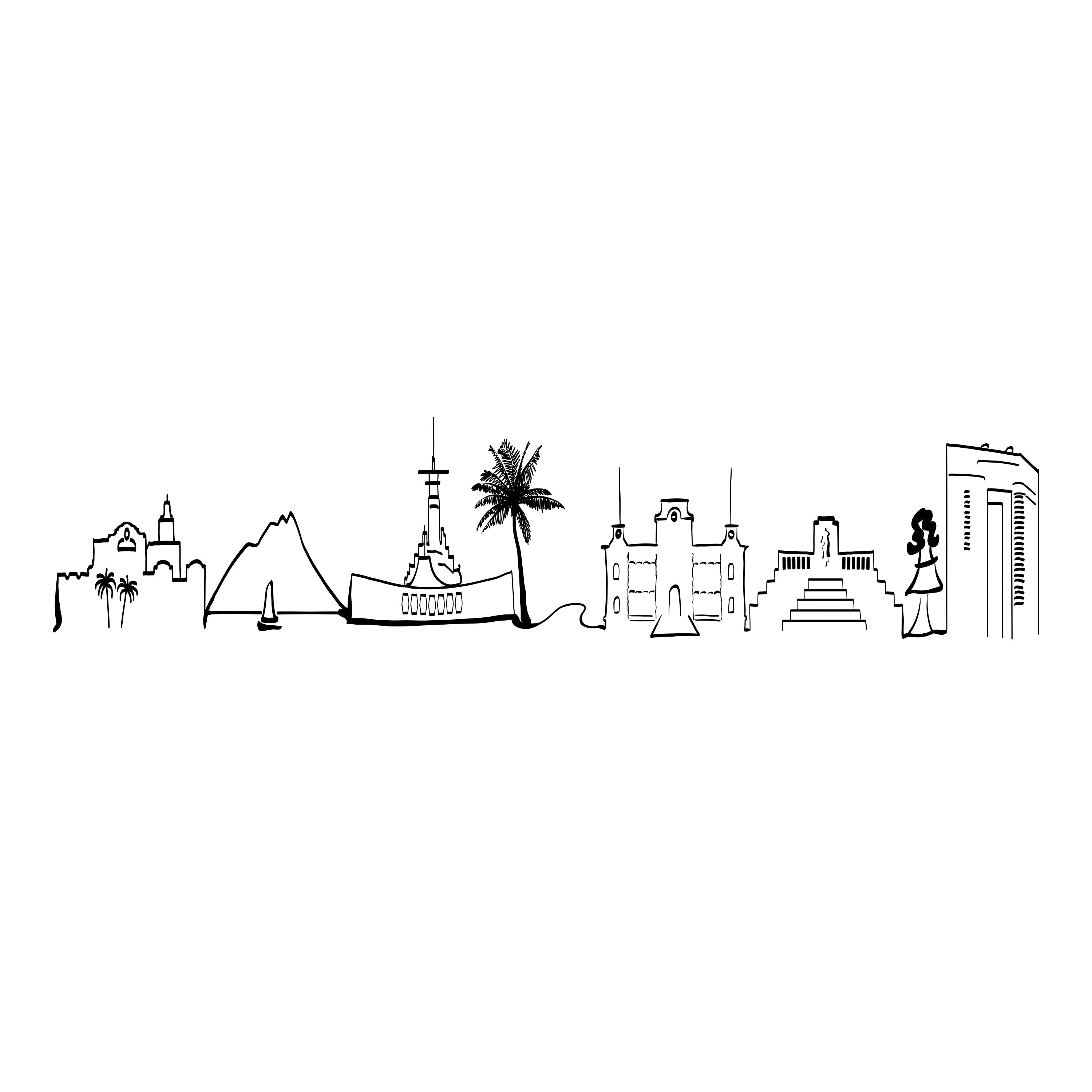 Honolulu Skyline Line Drawing. Simple Panoramic View of Famous ...