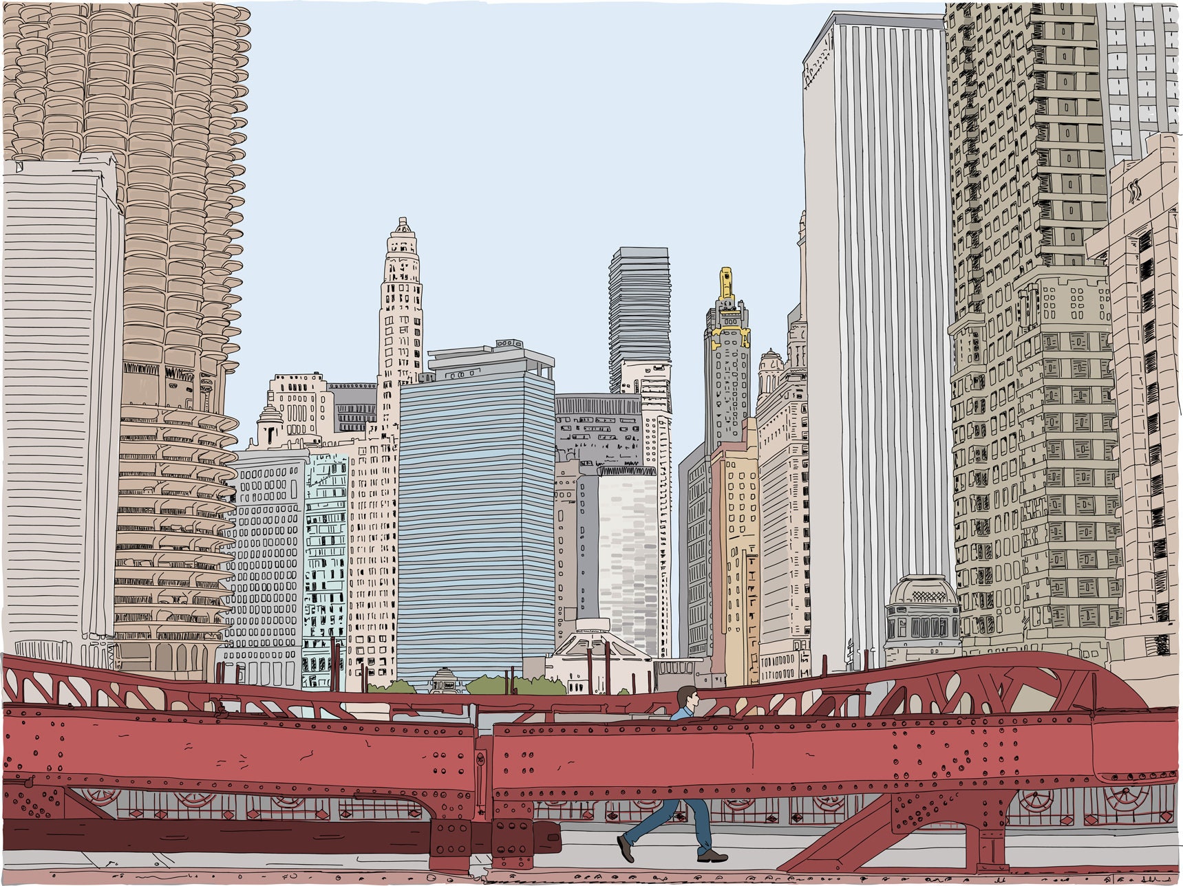 Chicago Skyscrapers and Bridges Downtown in the Loop. Hand Drawn ...