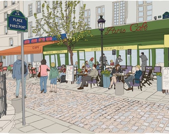 Paris Cafe Drawing. People Eat in Saint Michel at a Cafe. City Street ...