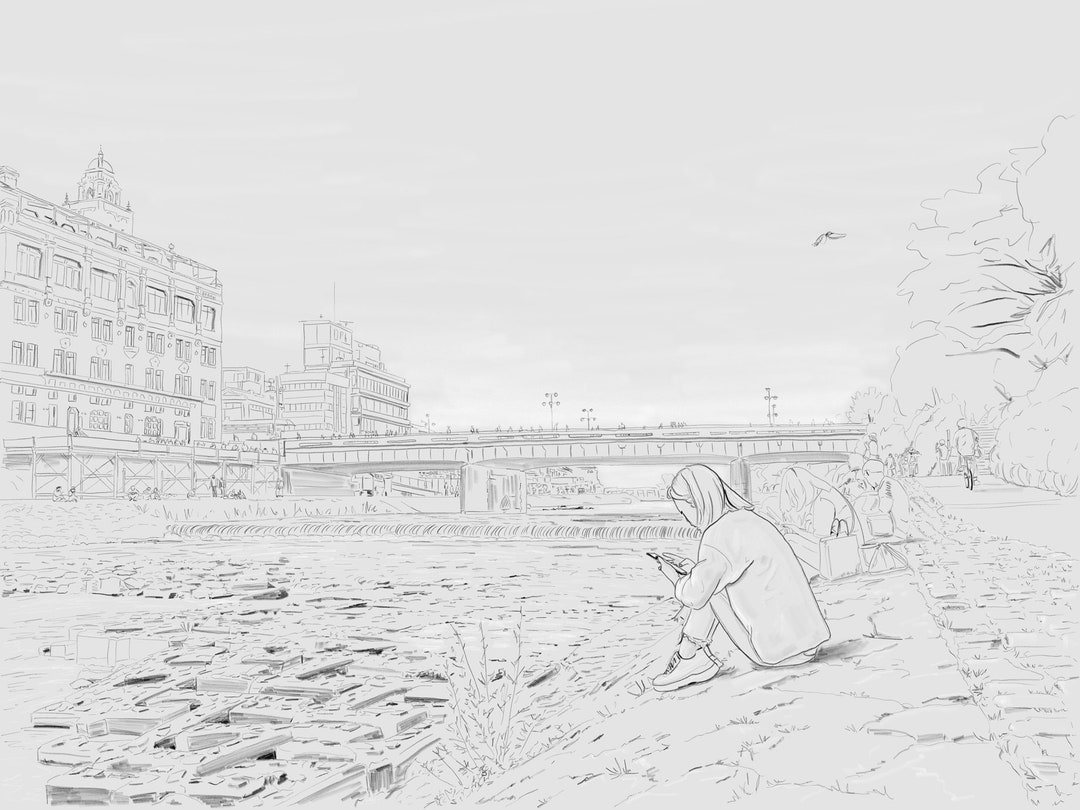 Kyoto, Japan Landscape Drawing. Girl With Phone. People by Kamogawa ...