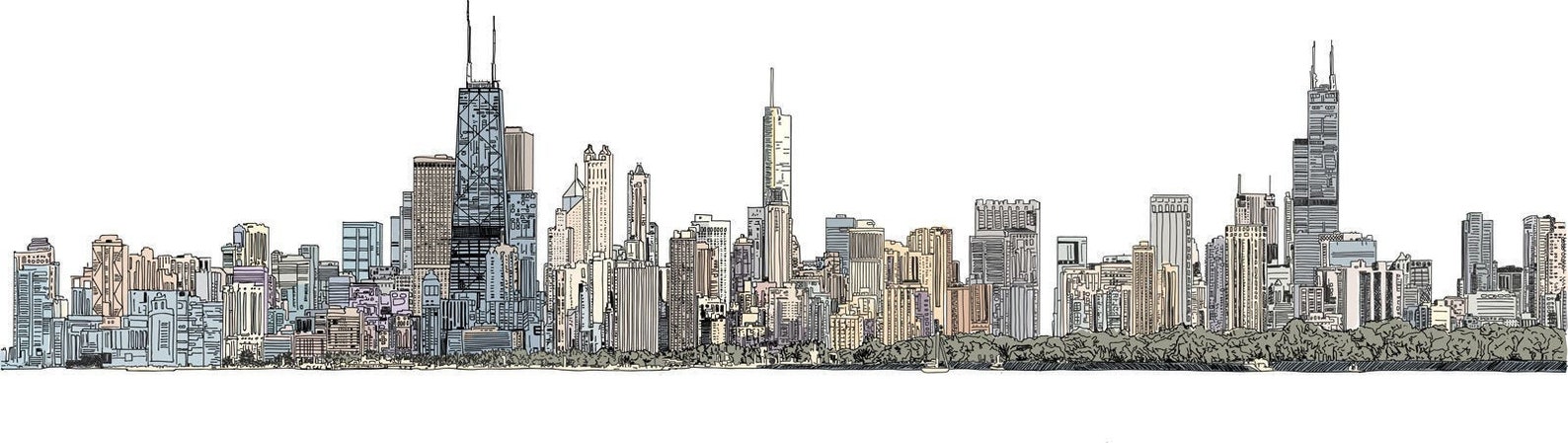 Chicago Skyline Panoramic Skyscraper View Digital Drawing Print ...