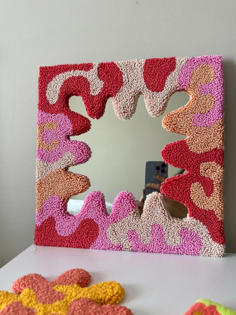 Wavy Tufted Mirror Pink Punch Needle Mirror Wiggly Home - Etsy