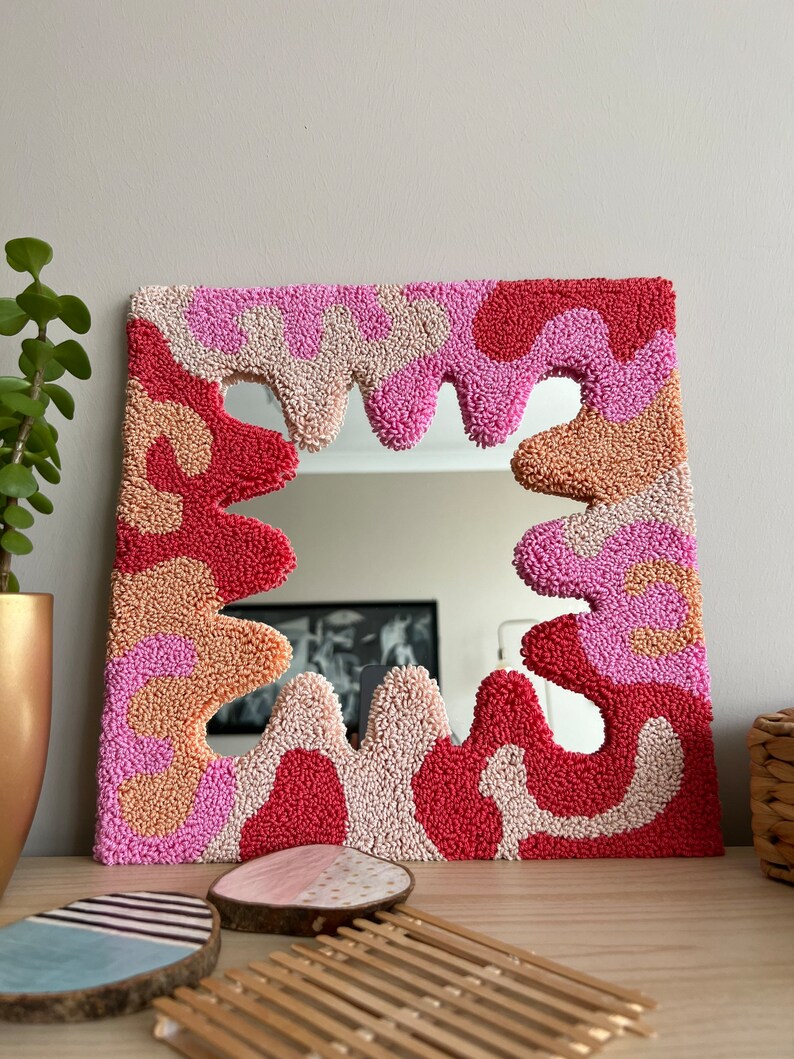 Wavy Tufted Mirror Pink Punch Needle Mirror Wiggly Home - Etsy