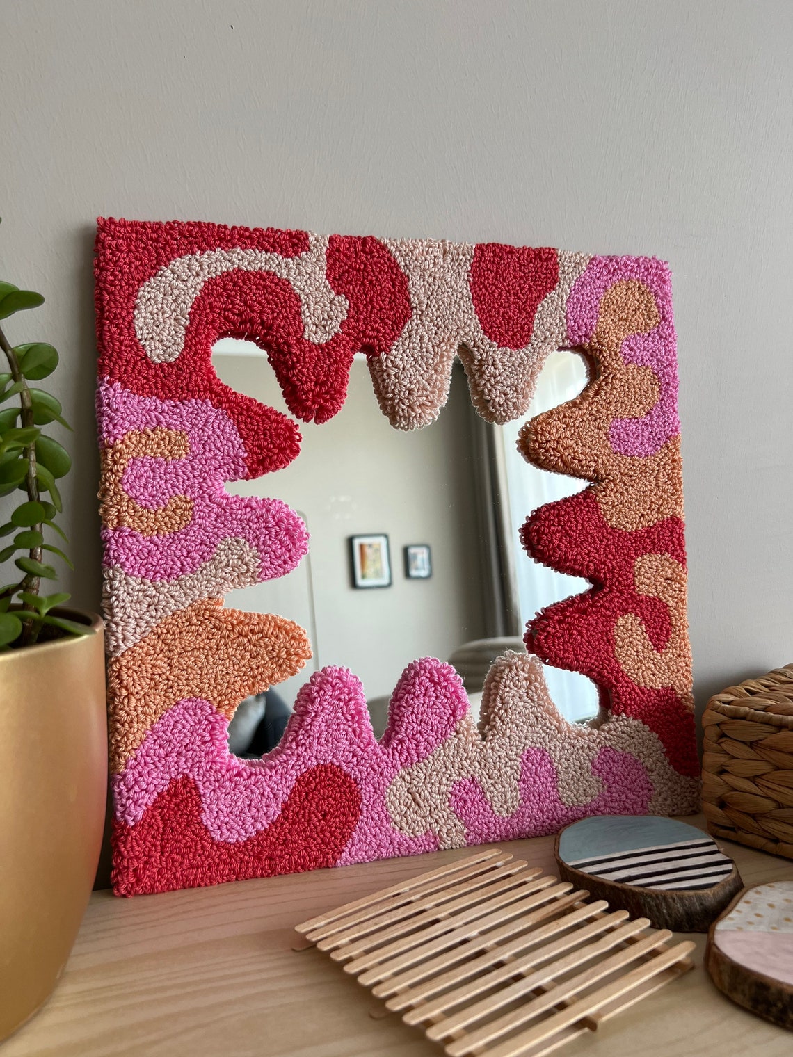 Wavy Tufted Mirror Pink Punch Needle Mirror Wiggly Home - Etsy